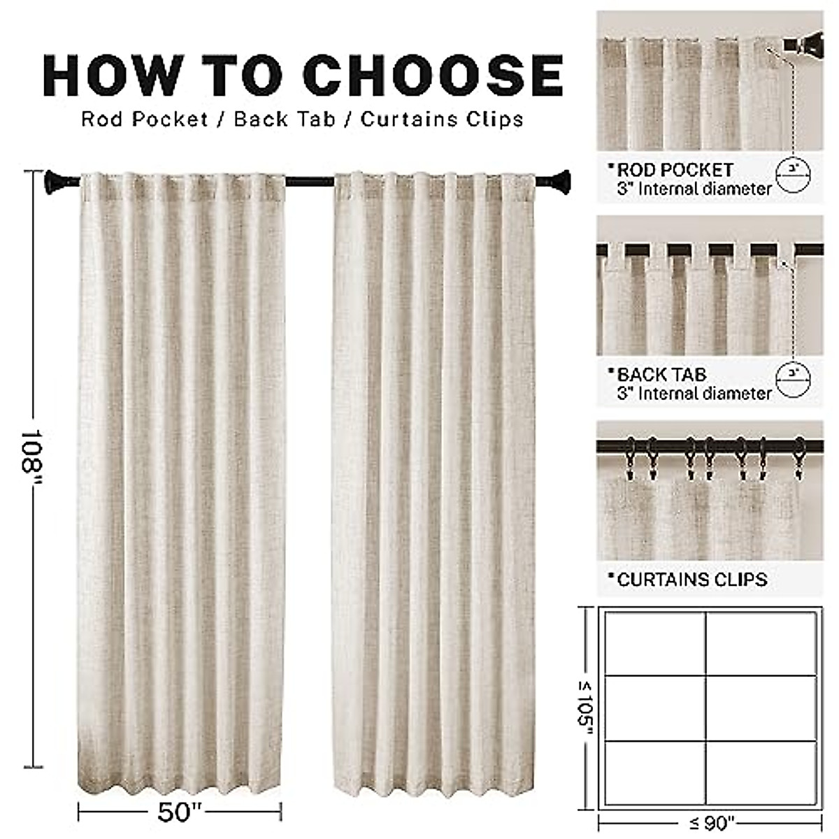 MEETBILY Curtains Panels for Back Tab Semi Sheer, Linen Textured Drapes Rod Pocket, Flax Curtains for Farmhouse/Bedroom/Living Room/Window (2-Pack, 50 x 108 inch, Light Coffee)