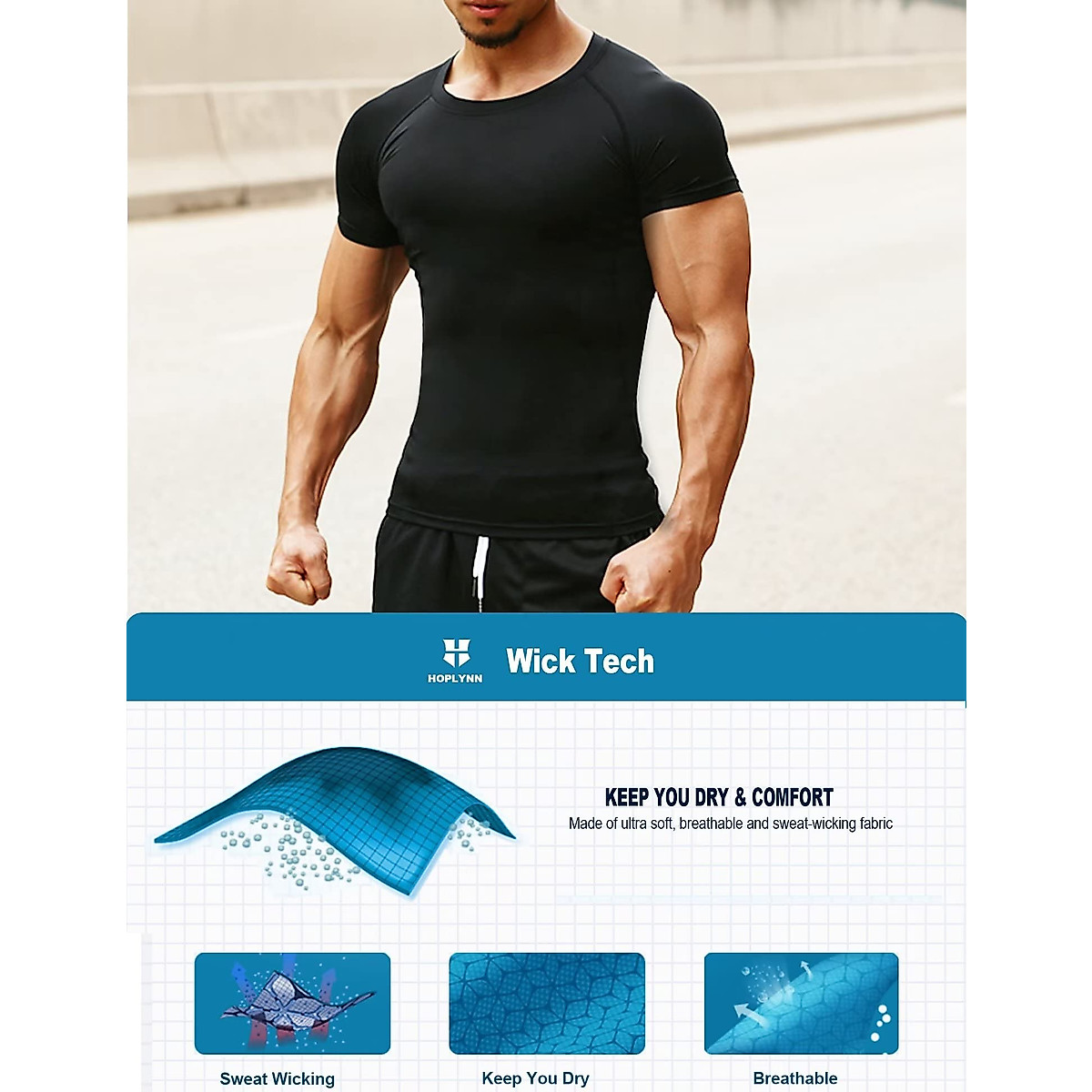 HOPLYNN 6 Pack Compression Shirts Men Short Sleeve Rash Guard Base Layer Athletic Undershirt Gear T-Shirt for Sports Workout 2 Black 2 White 2 Blue-L