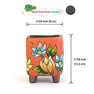 Summer Impressions 4.88 Inch Tall Hand Painted Square Succulent Planter Cactus Planter Pot Bonsai Pot Clay Pot Flower Pot Floral Design Indoor Outdoor Pack of 2 (Tall Square Orange and Green)