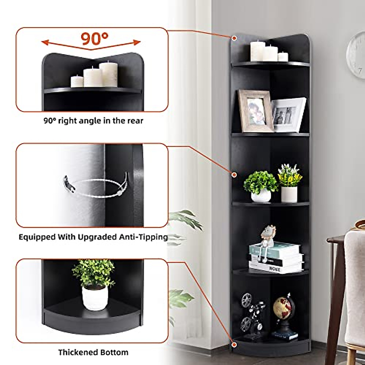 Fun Memories 5-Tier Corner Bookshelf - 63" Tall Modern Free-Standing Corner Bookcase - Durable Wood Corner Cabinet and Plant Shelf in Sleek Black for Living Rooms, Bedrooms, Kitchens and Offices
