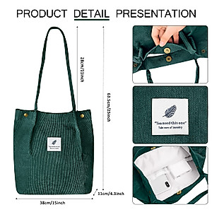 Ayieyill Corduroy Tote Bag for Women Canvas Shoulder Cord Purse with Inner Pocket（Green）