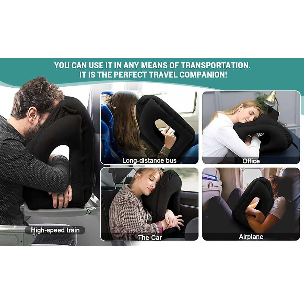 PVC Inflatable Travel Pillow Portable Headrest Chin Support Cushions for Airplane Plane Car Office Rest Neck Nap Pillows,Black