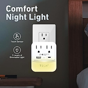 Tech2 Surge Protector with Night Light, 2 Outlet Power Strip with 2 (Smart 2.4A Total) USB-A and C Ports Adapter for Home, School, or Office