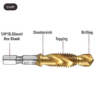 PERFACTOOL Combination Drill & Taps Bit Set, 1/4'' Hex Shank Spiral Countersink Drill Bits, for Metal, Plastic, Wood Drilling (6 Pack)