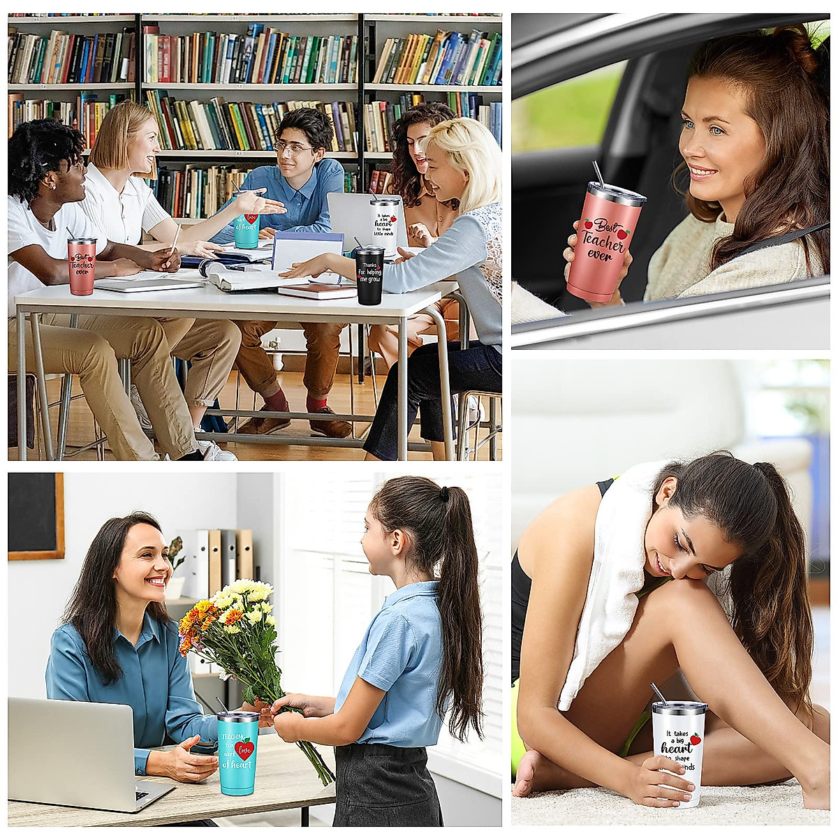 Yinder 8 Pcs Teacher Appreciation Gifts with 4 Pcs 12 oz Teacher Tumbler Stainless Steel Mug with 4 Heart Keychain for Teacher Week, Thank You Gifts End of the Year Teacher Mug for Women Men(Apple)