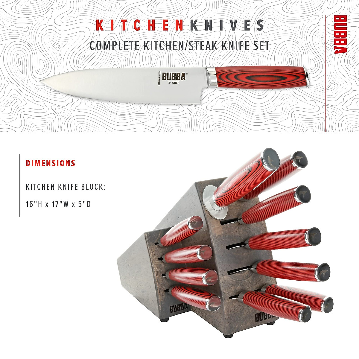 BUBBA Complete Kitchen and Steak Knife Set for all your kitchen cutting needs with G10 Handles, Premium German Stainless Steel and a Parawood Knife Block