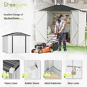 Greesum Metal Outdoor Storage Shed 8FT x 6FT, Steel Utility Tool Shed Storage House with Door & Lock, Metal Sheds Outdoor Storage for Backyard Garden Patio Lawn, White