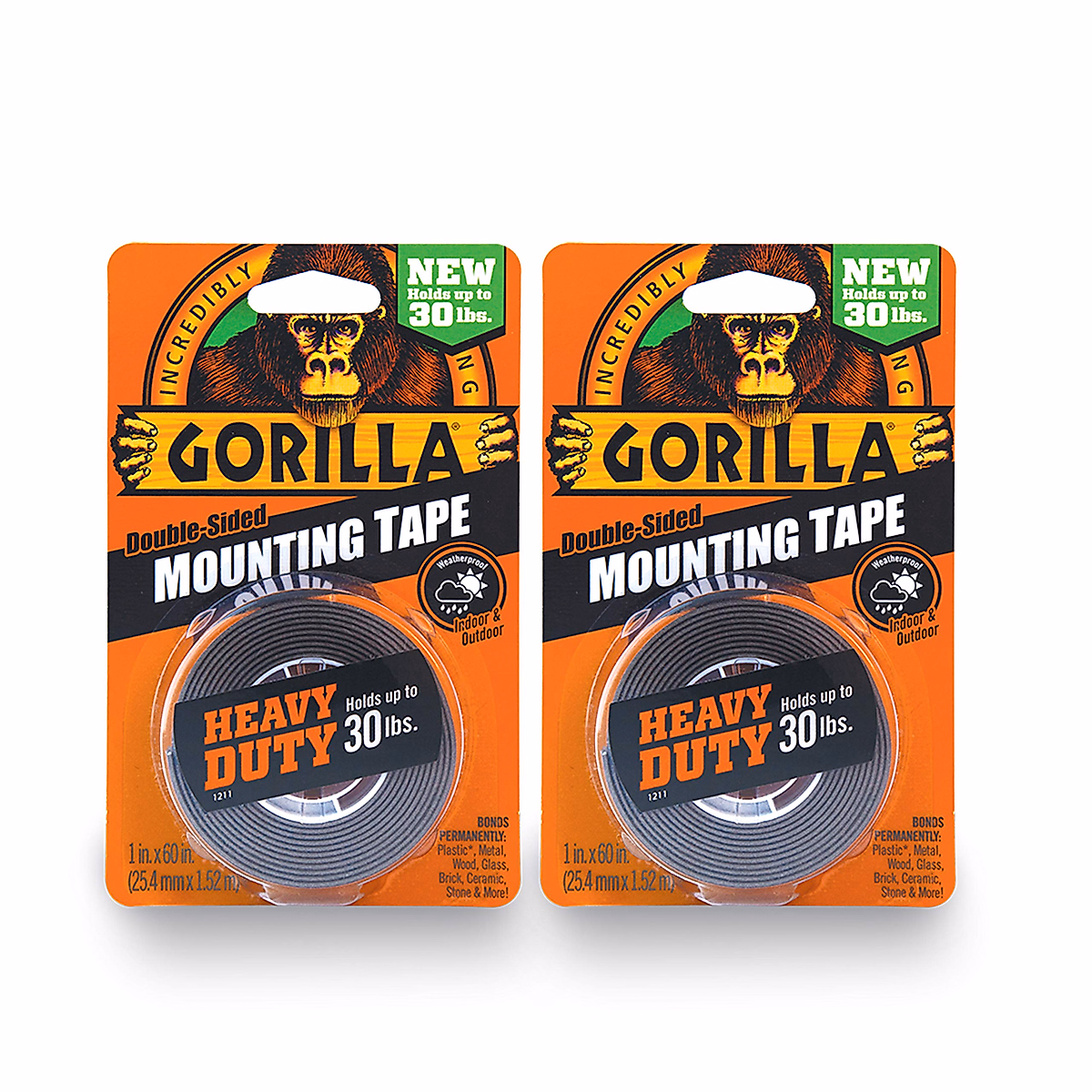 Gorilla - Heavy Duty Double Sided Mounting Tape, Weatherproof, 1" x 60", Black, (Pack of 2)