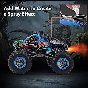 Rhybor Remote Control Dinosaur Car, 2.4GHz All Terrain Remote Control Monster Truck, RC Dinosaur Monster Car with 2 Batteries, Spray Music RC Monster Truck for Boys 4-7 8-12 and Girls