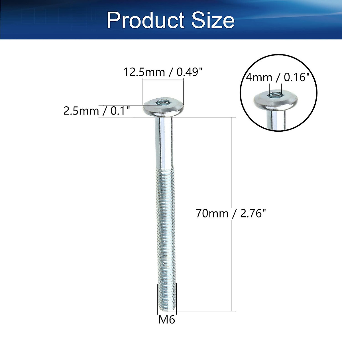 Yinpecly 20PCS M6x70mm Hex Socket Flat Head Screws Furniture Bolts Fastener Countersunk Connector Screws, Full Thread, Carbon Steel, Blue White Tone