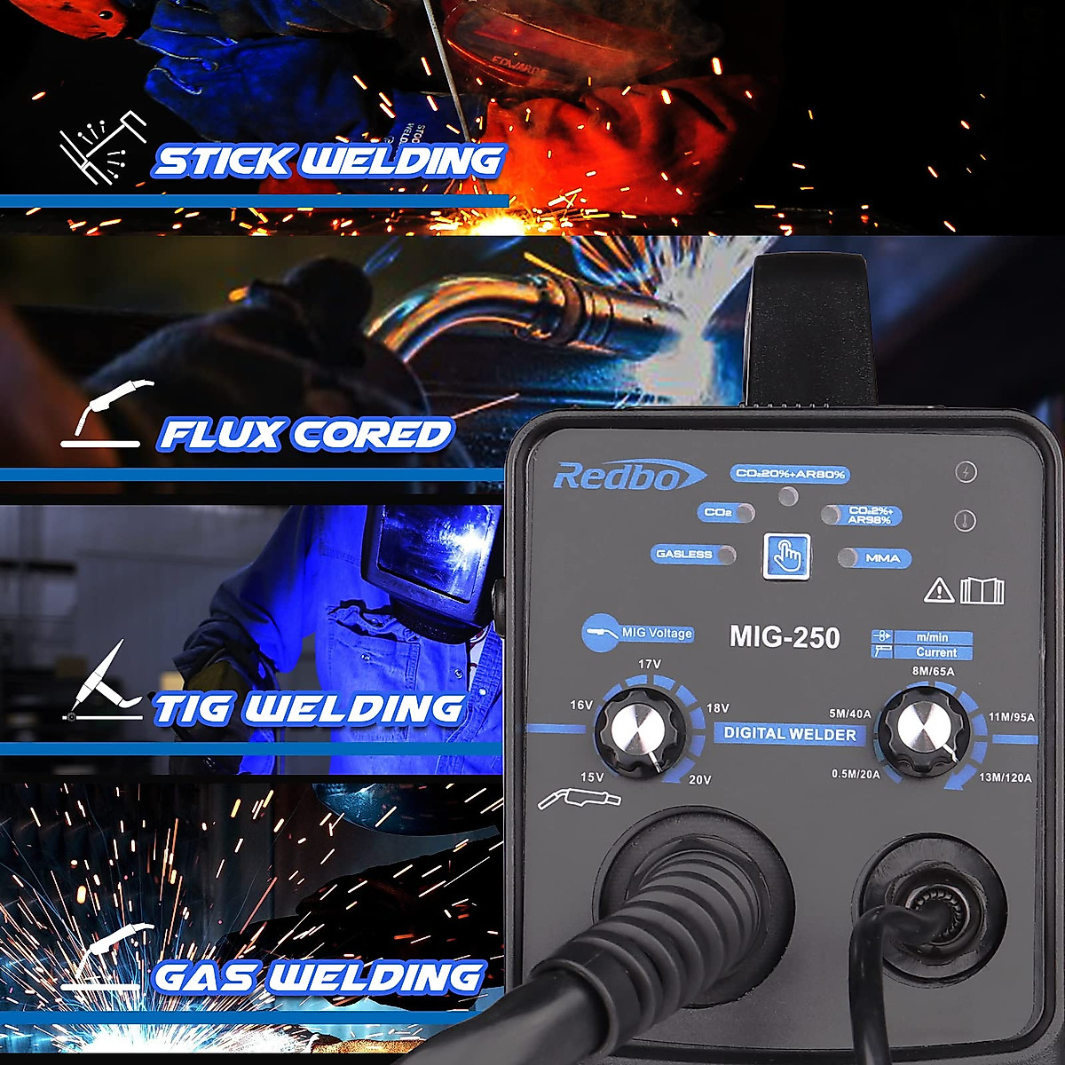 Redbo MIG-250 Gas/Gasless/Lift TIG/ARC 4 in 1 Multiprocess 130Amp Mig Welder,110V Household Small Pure Copper ARC MMA Stick Welder,Automatic Wire Feeding MIG Welding Machine