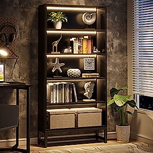 Tribesigns Tall Bookcase Black Bookshelf, 70.8” Large Bookcases Organizer with LED Lights, Heavy Duty Free-Standing Library Bookshelf with 5-Tier Storage Shelves for Living Room, Bedroom (Black)