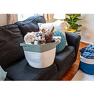 Nat & Jules 12 inch Flexible Woven Fabric Storage Basket: Organize Your Home Office, Linen Closet, Living Room Open Storage, or Soft Flexible Container, Two Tone Cream and Sage Green