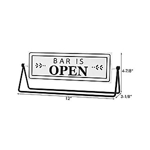 Bar Open and Closed Reversible Sign Metal Tabletop Decal, Embossed Metal Words Modern Freestanding Sign, White/Black