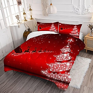 kxry Merry Christmas Comforter Set Santa Claus Deer Christmas Tree Galaxy Red Bedding Quilt King Size for Girls Boys Kids 1 Comforter + 2 Pillow Cases