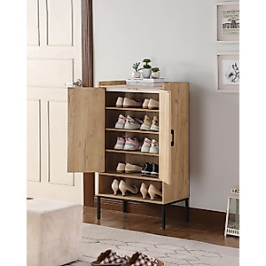 Kavonty Shoe Cabinet with Rattan Doors, 5-Tier Shoe Storage Cabinet with Open Shelves,Wooden Shoes Rack Organizer, for Entryway Hallway Closet Bedroom, Natural
