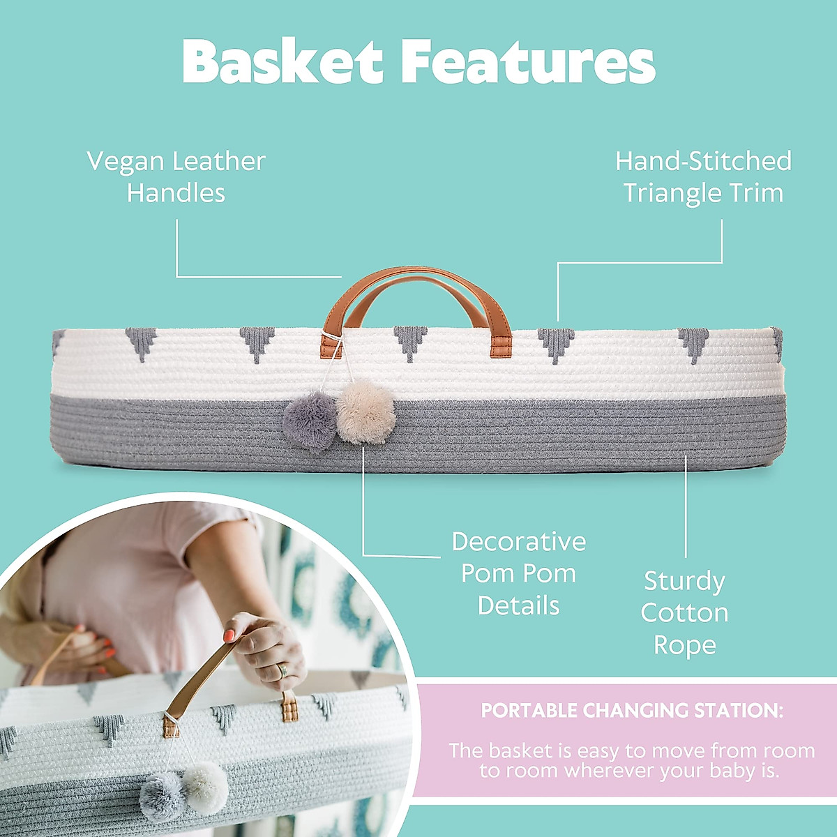 Vesta Baby Woven Cotton Rope Moses Changing Basket Set - Nursery Dresser Table Topper with Soft Foam Pad & 2 Natural Bamboo Waterproof Covers for Easy Diaper Change - Neutral Boho Gray & Beige Décor