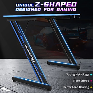 XXkseh 39 in Gaming Desk Gaming Computer Desk with Hook Z-Shaped PC Gaming Table Home Office Desks for Small Places, Carbon Fiber Surface, Simple Installation, Blue