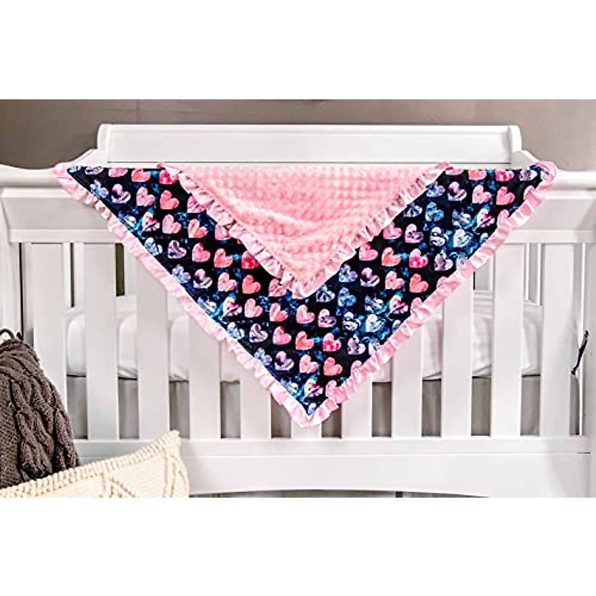 Top Tots Baby Blanket - Small Colored Hearts with Pink Minky Dot & Satin Ruffle, 31 x 31 Inch Blue