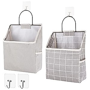 BieFuDan 2Pcs White Plaid Fabric Wall Hanging Storage with Hook, Hanging Waterproof Storage Bags with Side Mesh Pockets, Stylish Hanging Storage Pouches for Bedroom, Bathroom, Kitchen (Type 1)