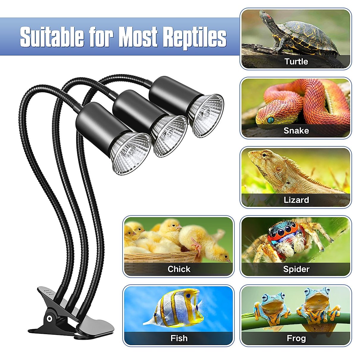 TFNN Reptile Heat Lamp, Three Head Reptile Light with Cycle Timer,UVA UVB light, dimmable Basking lamp for Tortoise, Bearded Dragon, Lizard, Snake, E26/27 Base with 4 Bulbs (50W)-Black