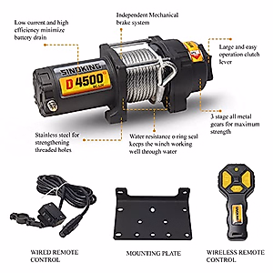 SINOKING 4500lb 12V UTV/ATV Winch with 1/4”x 32ft Rope, Wired and Wireless Control