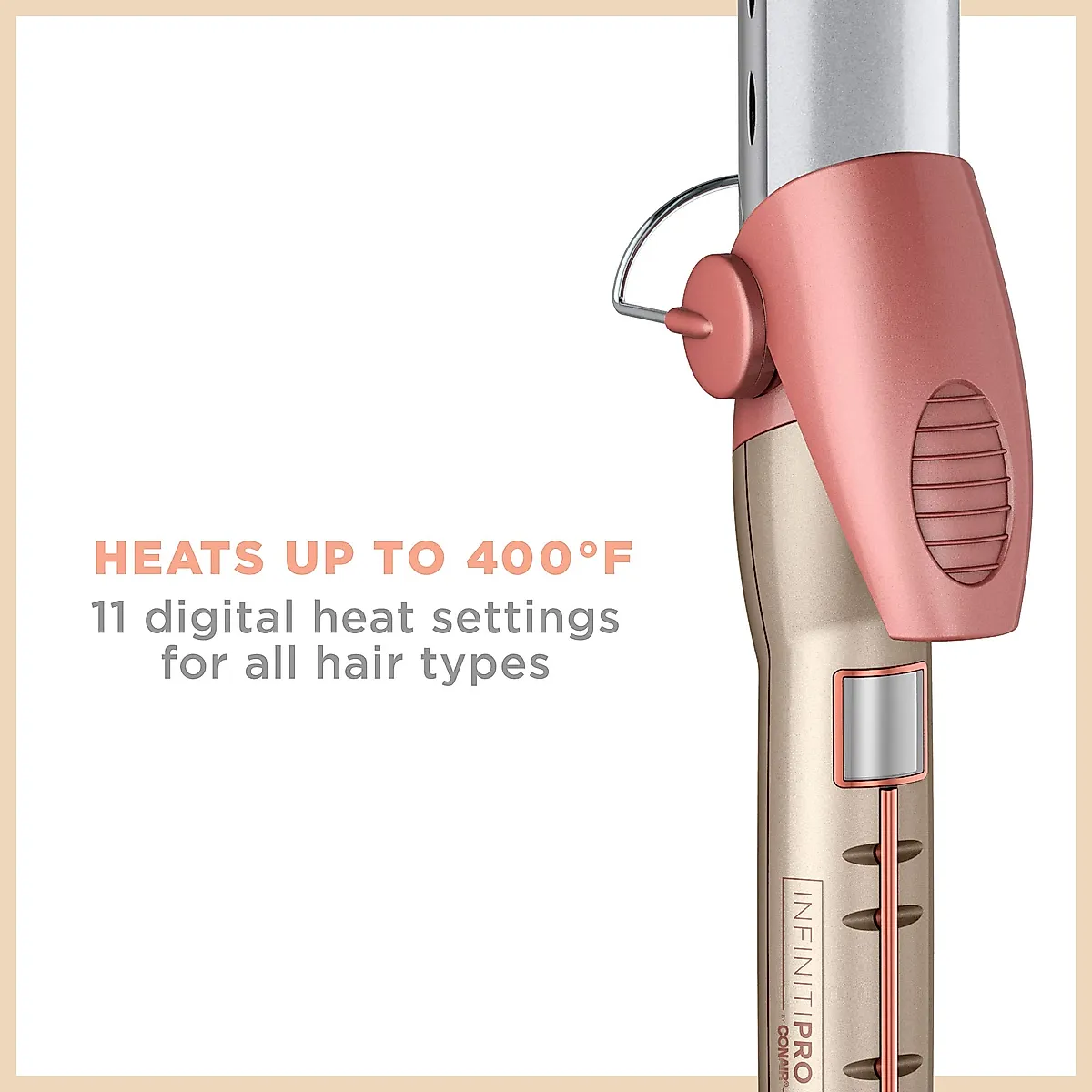 INFINITIPRO BY CONAIR Frizz Free 1 1/4-inch Titanium Ceramic Curling Iron, 1 ¼ inch barrel produces loose curls – for use on medium and long hair, Rose Gold