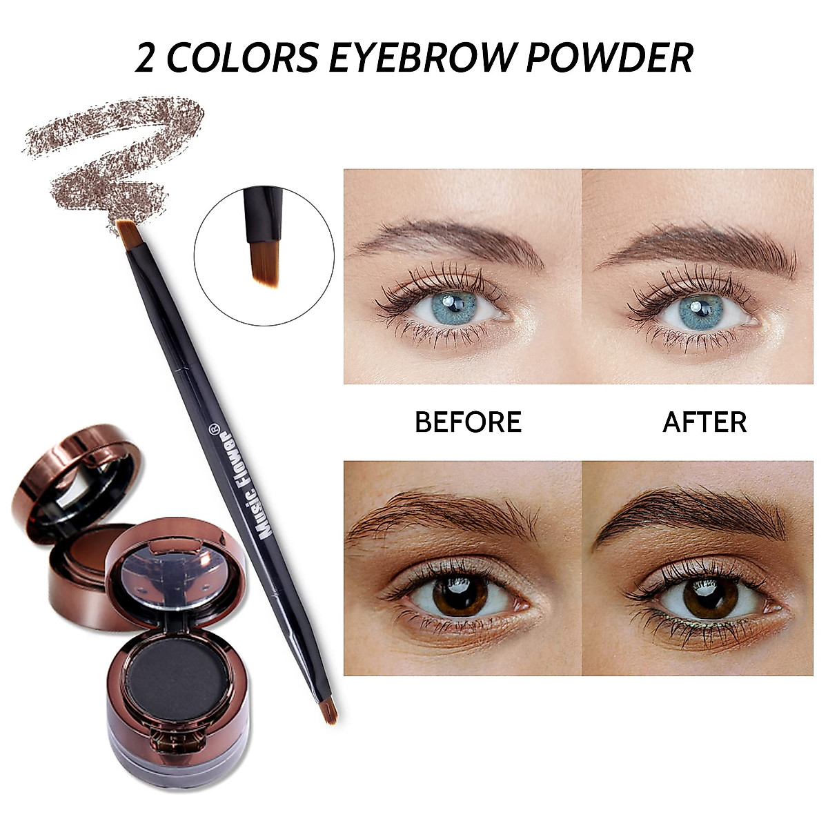 Music Flower Gel Eyeliner Eyebrow Powder, Black and Brown Waterproof Smudgeproof Long Lasting Makeup Eyeliner Gel with Brush Mirror, 0.49 Ounce, Pack of 2