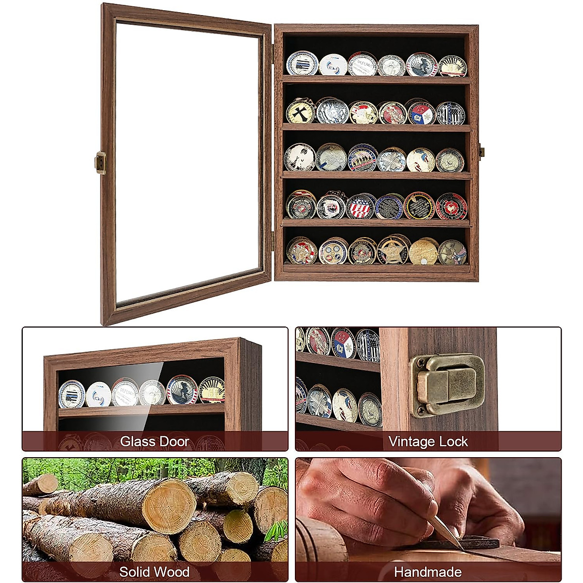 Military Challenge Coin Display Case Holder with HD Toughened Glass and Wall Mount, Wooden Coin Stand Rack with Removable 2 Grooves Shelves, Rustic Brown…
