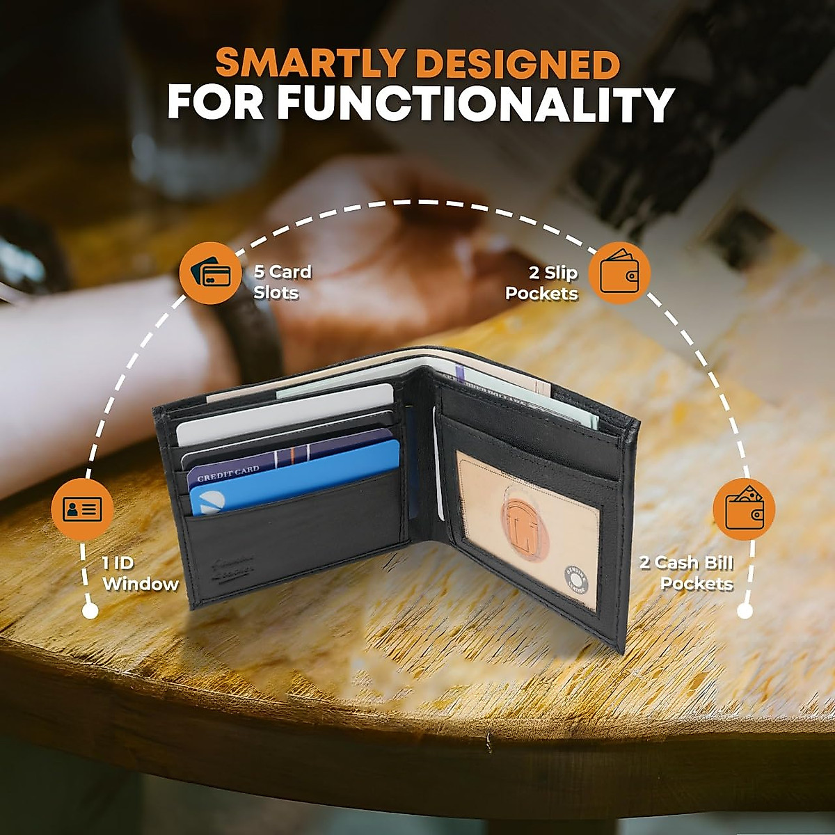 Leather Impressions Slim Genuiue Leather Wallet for Men - Bifold wallets for Men with 1 ID window,8 Card Holder,2 Money Holder-Premium Mens Wallet leather an excellent gift (Minimalist, Black)