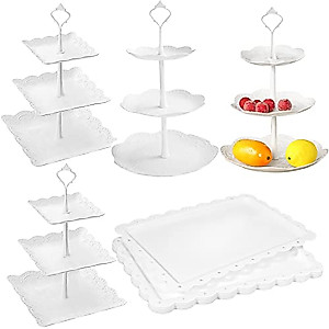10 Pcs Cake Stand White Plastic Dessert Table Stand Set 4 Pcs 3 Tire Cupcake Display Stands Cookie Tray Rack Serving Tray Cake Display Tower and 6 Pcs Dessert Trays for Wedding Baby Shower Tea Party