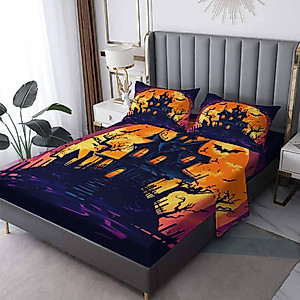 Halloween Sheets Twin Size, Castle Bat Moon Bed Sheets, Patterned Bedding Sheets & Pillowcases 3 Piece Set - Soft Microfiber Deep Pocket Fitted Sheet & Flat Sheet & Pillow Case M5-&-23