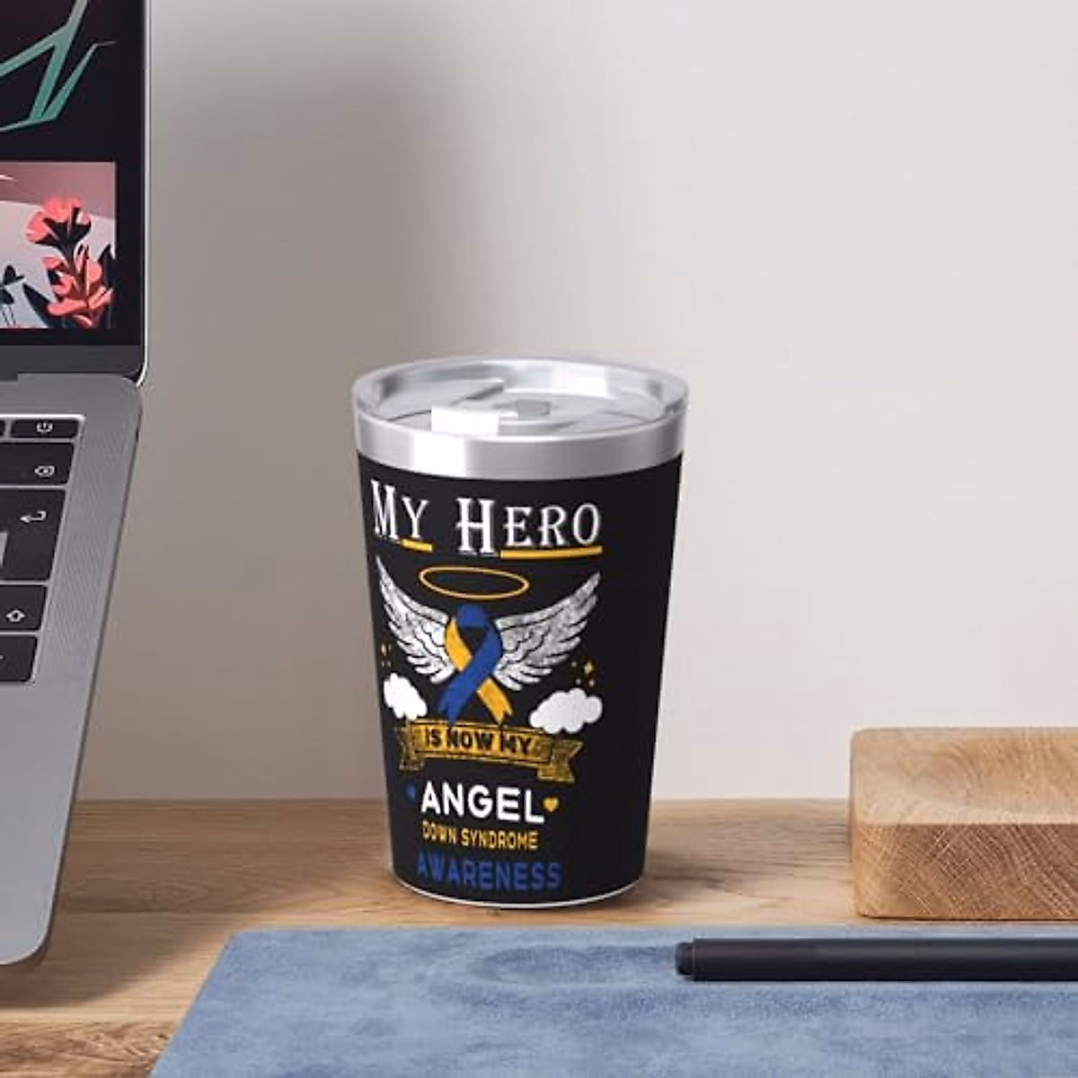 12oz Tumbler My Hero Is Now My Angel Down Syndrome Awareness Stainless Steel Cup With Straw And Lid Spill Proof Bulk Double Wall Vacuum Reusable Water Tumblers For Cold Hot Drink