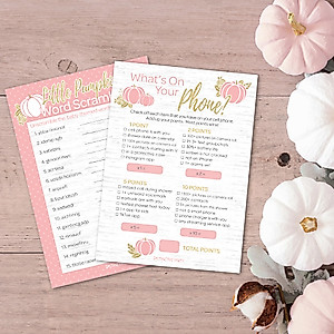 DISTINCTIVS Pink Little Pumpkin Girl Baby Shower - What's On Your Phone and Word Scramble (2 Game Bundle) - 20 Dual Sided Cards