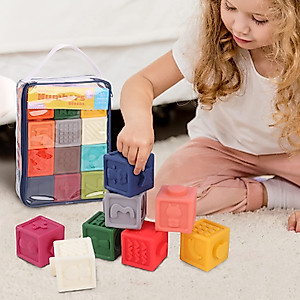 TOOKYLAND Soft Stacking Blocks for Baby Building Blocks Montessori Sensory Infant Toys, Educational Baby Toys 6 Months & Up with Numbers, Shapes, Fruits, Animals & Textures