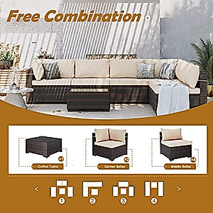 UPHA 7 Pieces Patio Furniture Set, Outdoor Sectional Brown PE Rattan Wicker Sofa Set with Cushions and Tempered Glass Coffee Table for Poolside, Lawn, Garden and Balcony