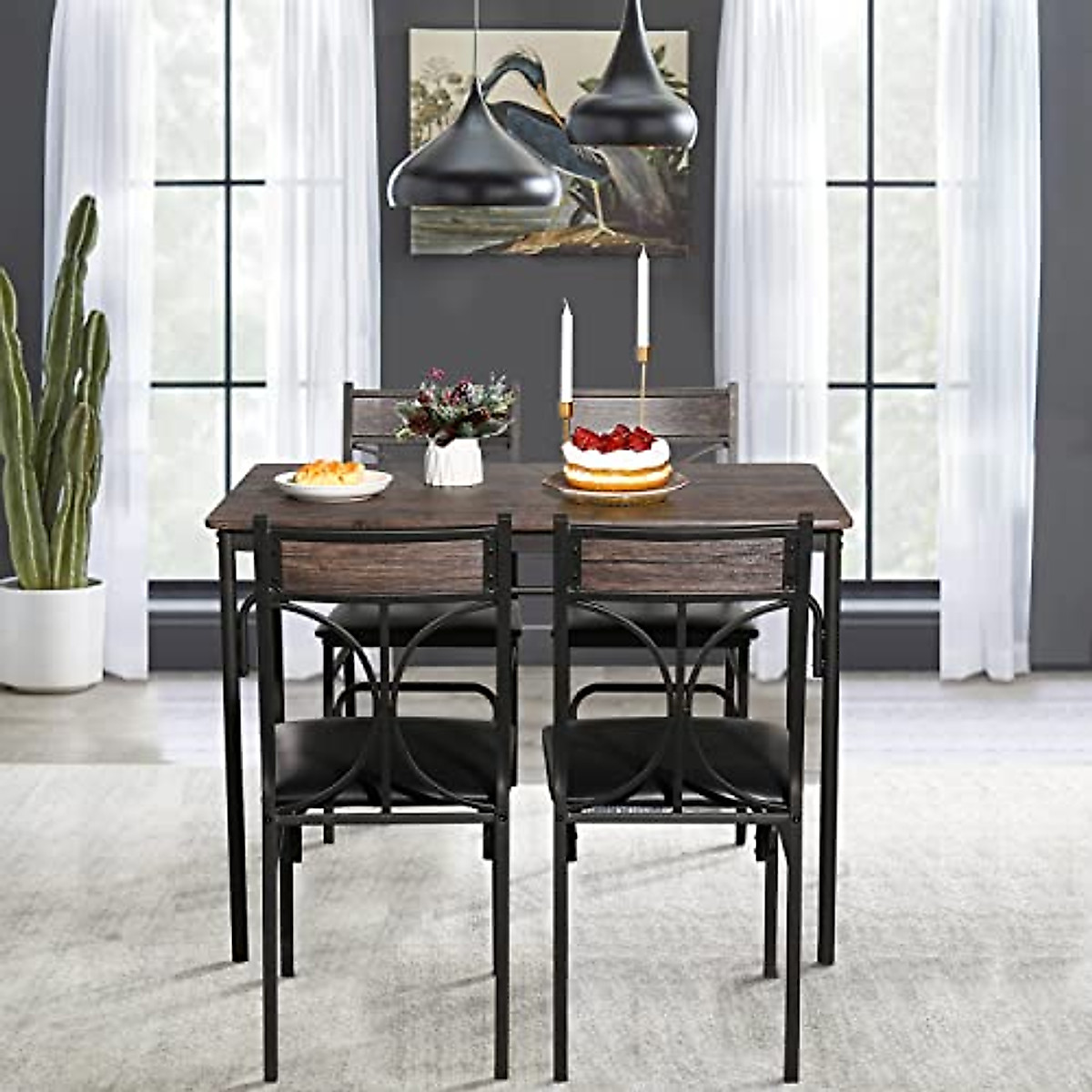 VECELO 5 Piece Kitchen Table Set for Dining Room,Dinette,Breakfast Nook,Industrial Style 4, Vintage Brown