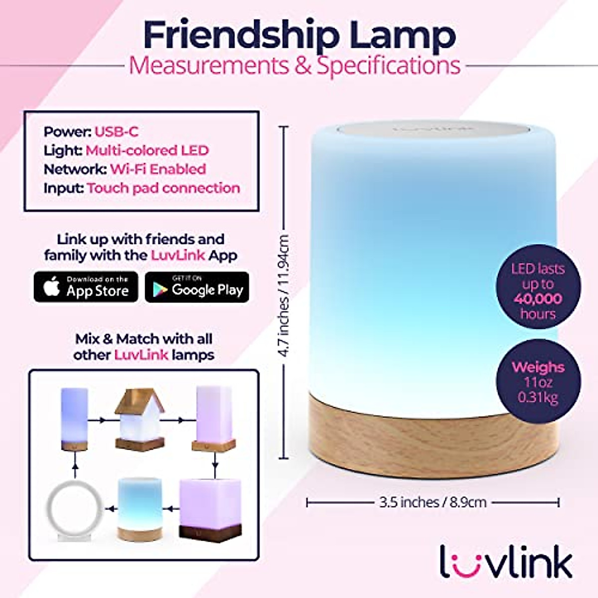 Friendship Lamps by LuvLink | Modern Long Distance Lamp - Send colors on the go, create a secret code, unlimited colors and connections (Set of Two)