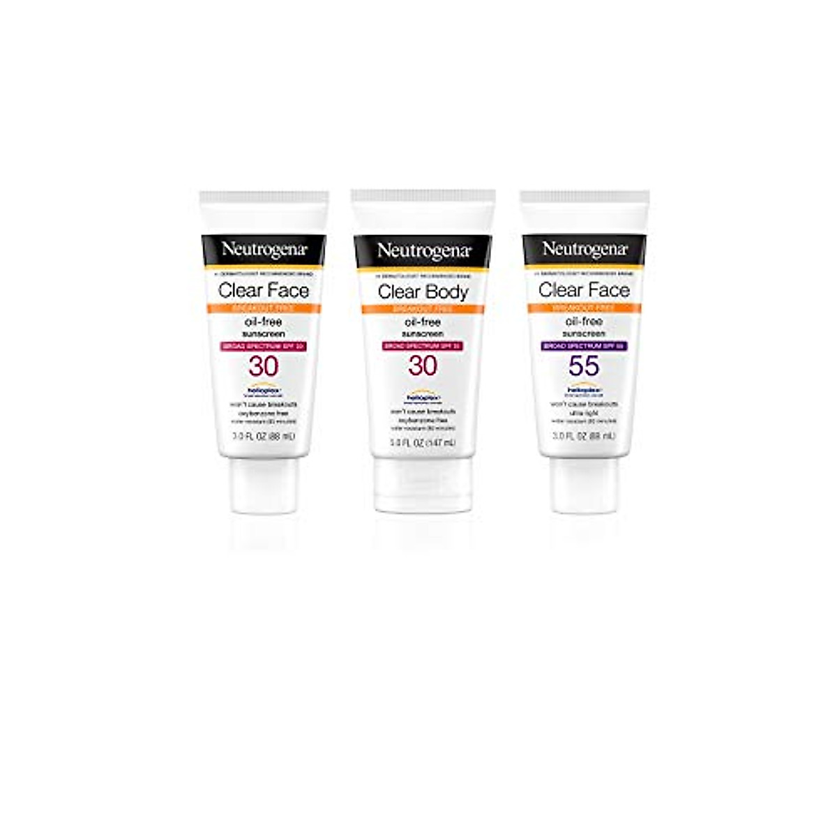 Neutrogena Clear Face Liquid Lotion Sunscreen for Acne-Prone Skin, Broad Spectrum SPF 55 with Helioplex Technology, Oil-Free, Fragrance-Free & Non-Comedogenic Facial Sunscreen, 3 fl. oz