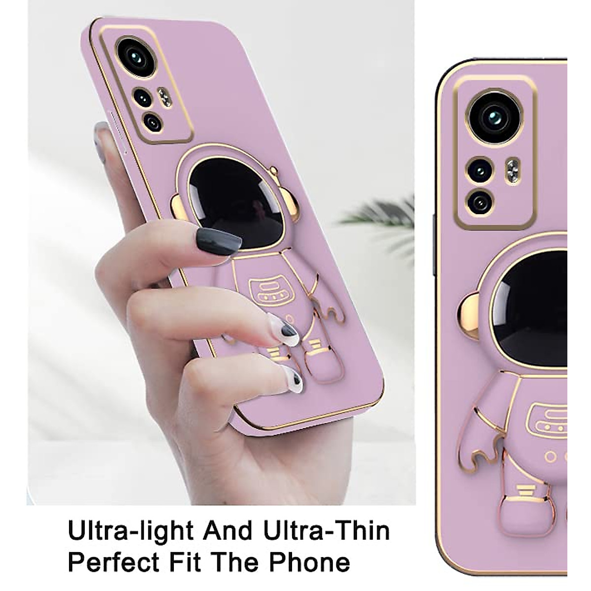 Compatible with Redmi Note 12s Case with Plating Creative Astronaut Cartoon Holder Pink, Xiaomi Redmi Note 12s Phone Case Silicone Shockproof Stand Soft TPU Protective Slim Cover (Purple)