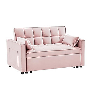 3 in 1 Convertible Sleeper Sofa Bed ,Modern Futon Loveseat Couch Pullout Bed, Velvet Upholstered Small Love Seat Lounge w/Reclining Backrest, Toss Pillows, Pockets, Furniture for Living Room Office