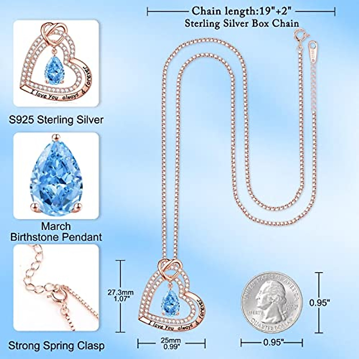 Iefil Mothers Day Gifts Jewelry, Rose Gold Birthstone Jewelry March Blue Aquamarine Necklaces Mothers Day Birthday Gifts for Women Anniversary Valentines Day Gift for Her Jewelry