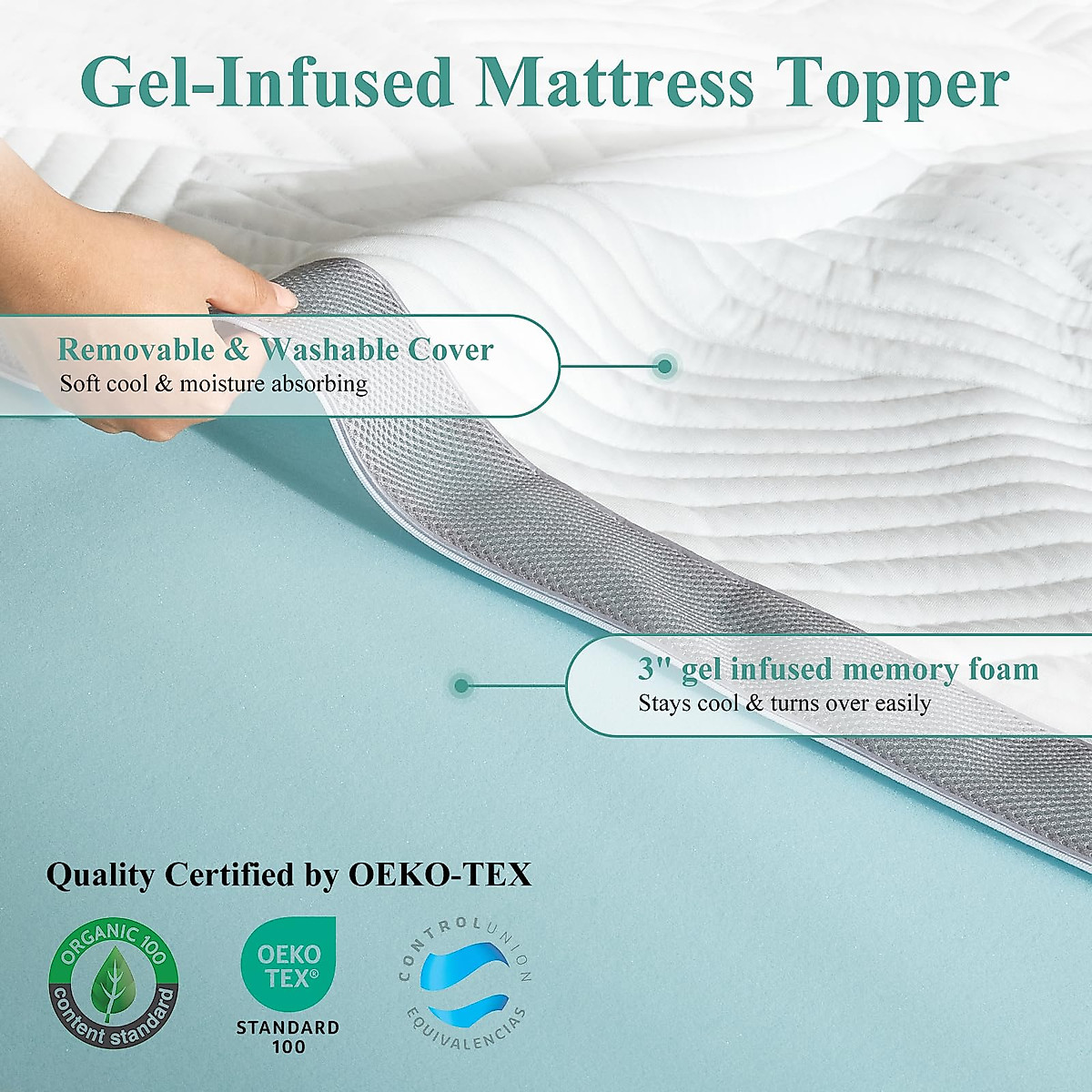 Ivellow Memory Foam Mattress Topper Queen Size Cooling 3 Inch Gel Mattress Pad Cover with 8"-21" Deep Pocket for Back Pain Queen