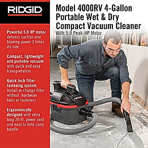 RIDGID 50313 Model 4000RV 4-Gallon Portable Wet and Dry Compact Vacuum Cleaner with 5.0 Peak-HP Motor