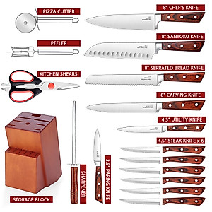 Kitchen Knife Block Set, E-far 17-Piece High Carbon Forged Stainless Steel Knife Sets Includes Chef Utility Paring Steak Serrated Bread Santoku Knife Sharpener - Full Tang Design