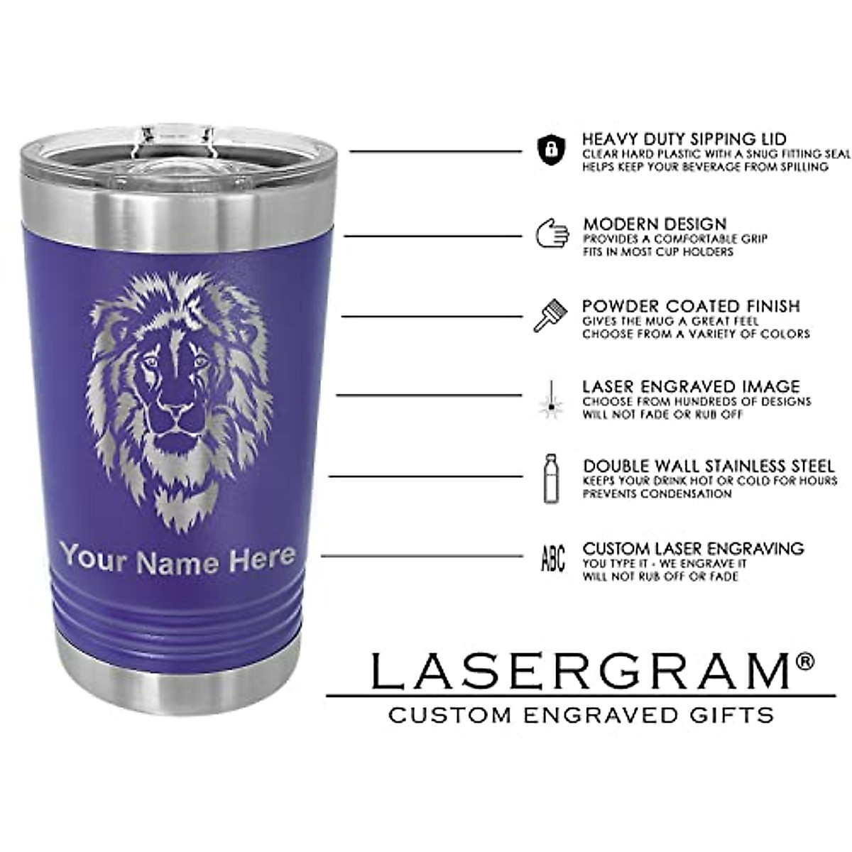 LaserGram 16oz Vacuum Insulated Pint Tumbler, Dragon, Personalized Engraving Included (Dark Purple)