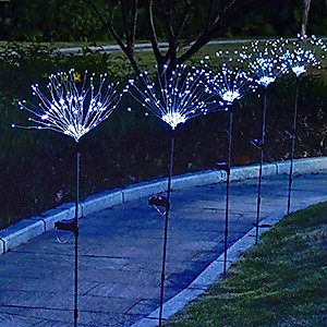 Ooklee 2 Pack Solar Firework Lights 150 LED 8 Modes Outdoor Solar Garden Decorative Lights, Copper Wires String Landscape Stake Light for Walkway Patio Lawn Backyard Christmas Decor (Cool White)
