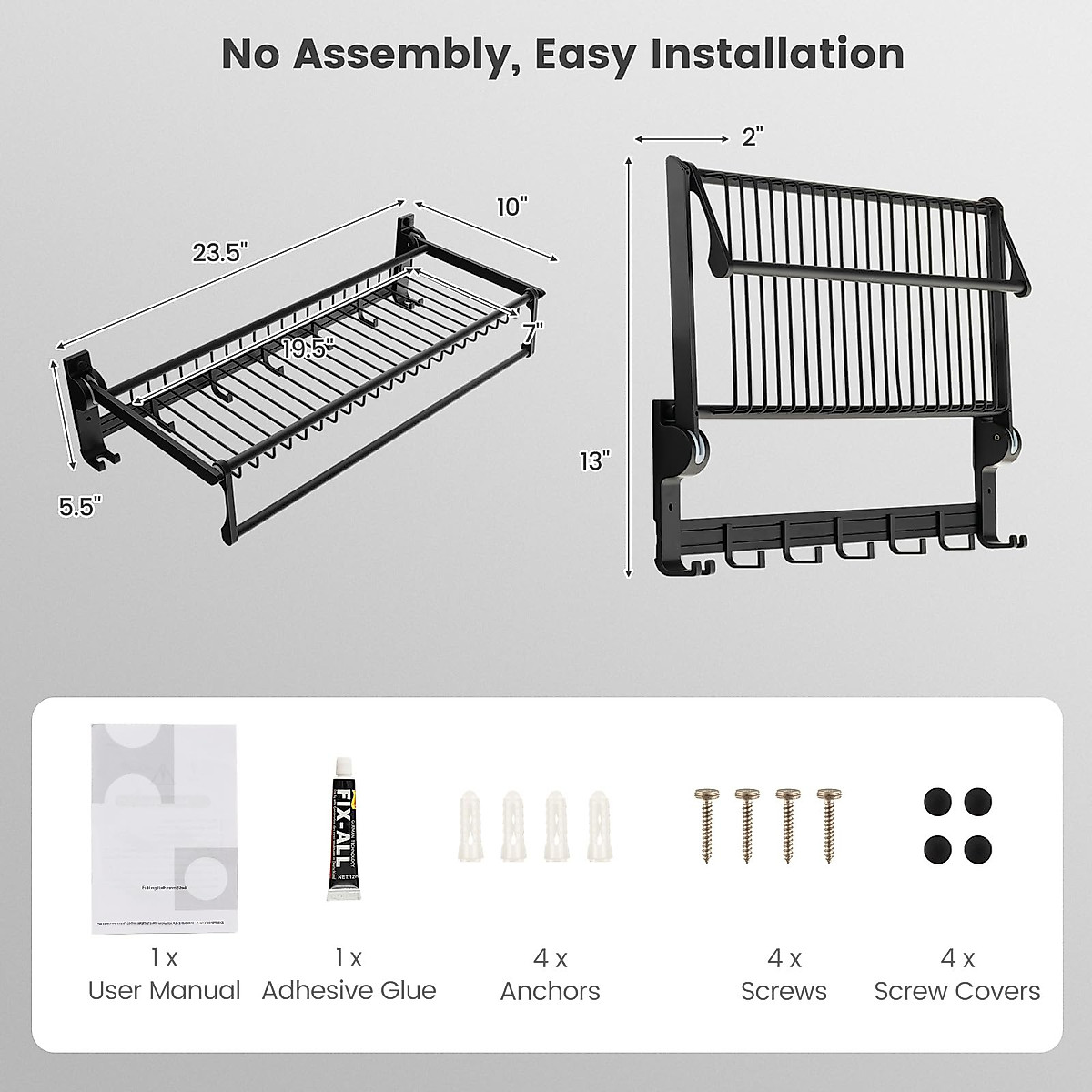 Tangkula Foldable Bathroom Shelf, Wall Mounted Bathroom Shelf Rack w/Adjustable Bar & Movable Hooks, Rustproof & Waterproof Space-Aluminum Holder Organizer, No Assembly Required (Black)