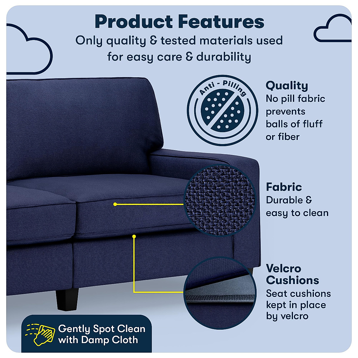 Serta Palisades 78" Track Arm Sofa, Easy Care Polyester, Soft Pillow Back, Pocket Coil Seat Cushions, Removable Covers, Loveseat or Couch for Small Spaces, Living Rooms or Bedrooms, Navy Blue