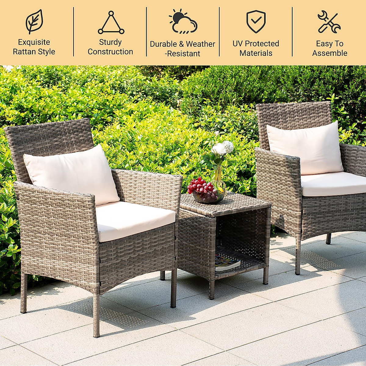 Tappio 3 Piece Patio Conversation Bistro Set, Porch Balcony Furniture Set Outdoor Chat Furniture, Wicker Chairs and Storable Table Set for Yard Balcony Backyard Apartment, Gray/Beige